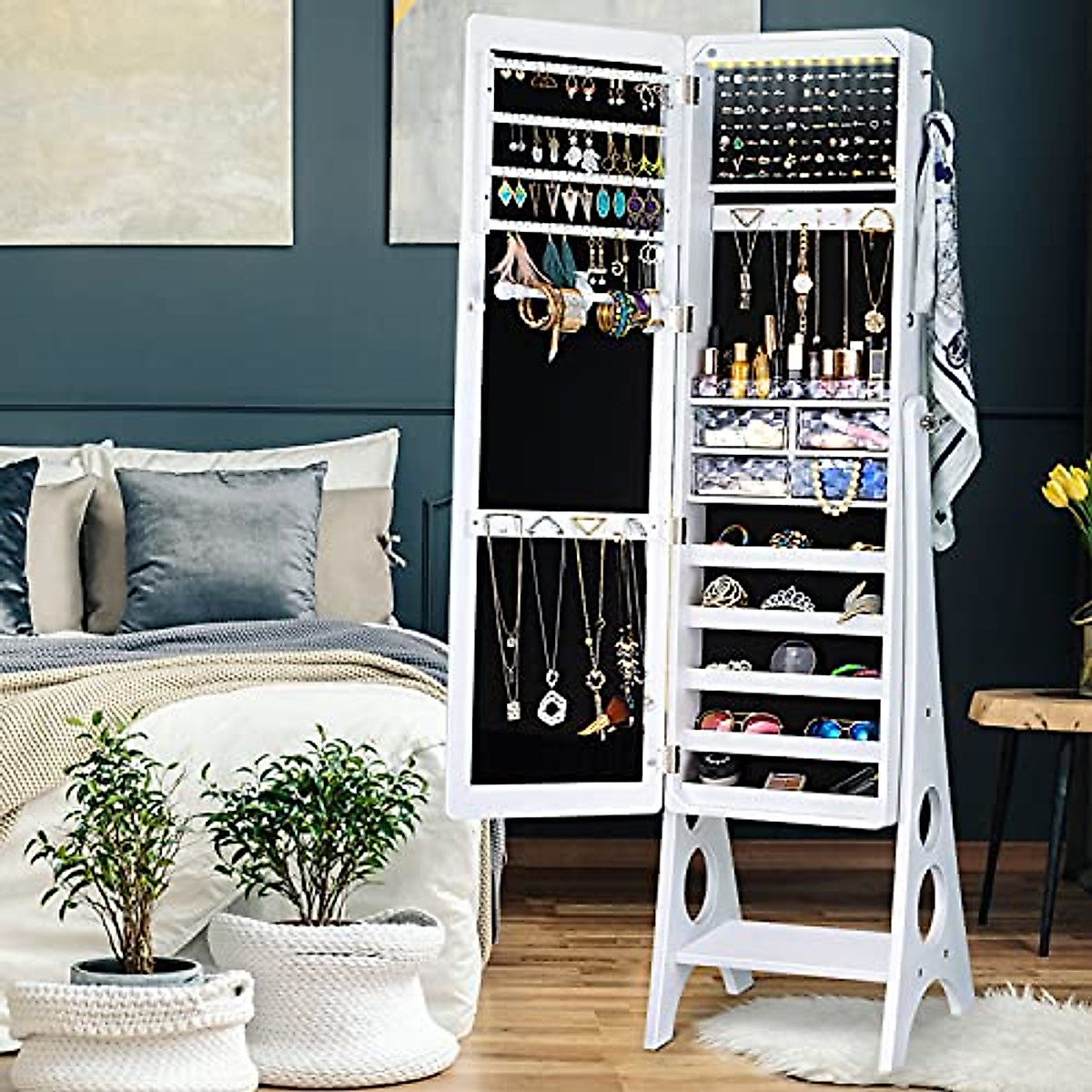 YOKUKINA Mirror Jewelry Cabinet Standing, Large Storage Jewelry Armoire, Full-Length Frameless Mirror with Jewelry Storage, 12 LED Lockable Standing Jewelry Organizer (White)