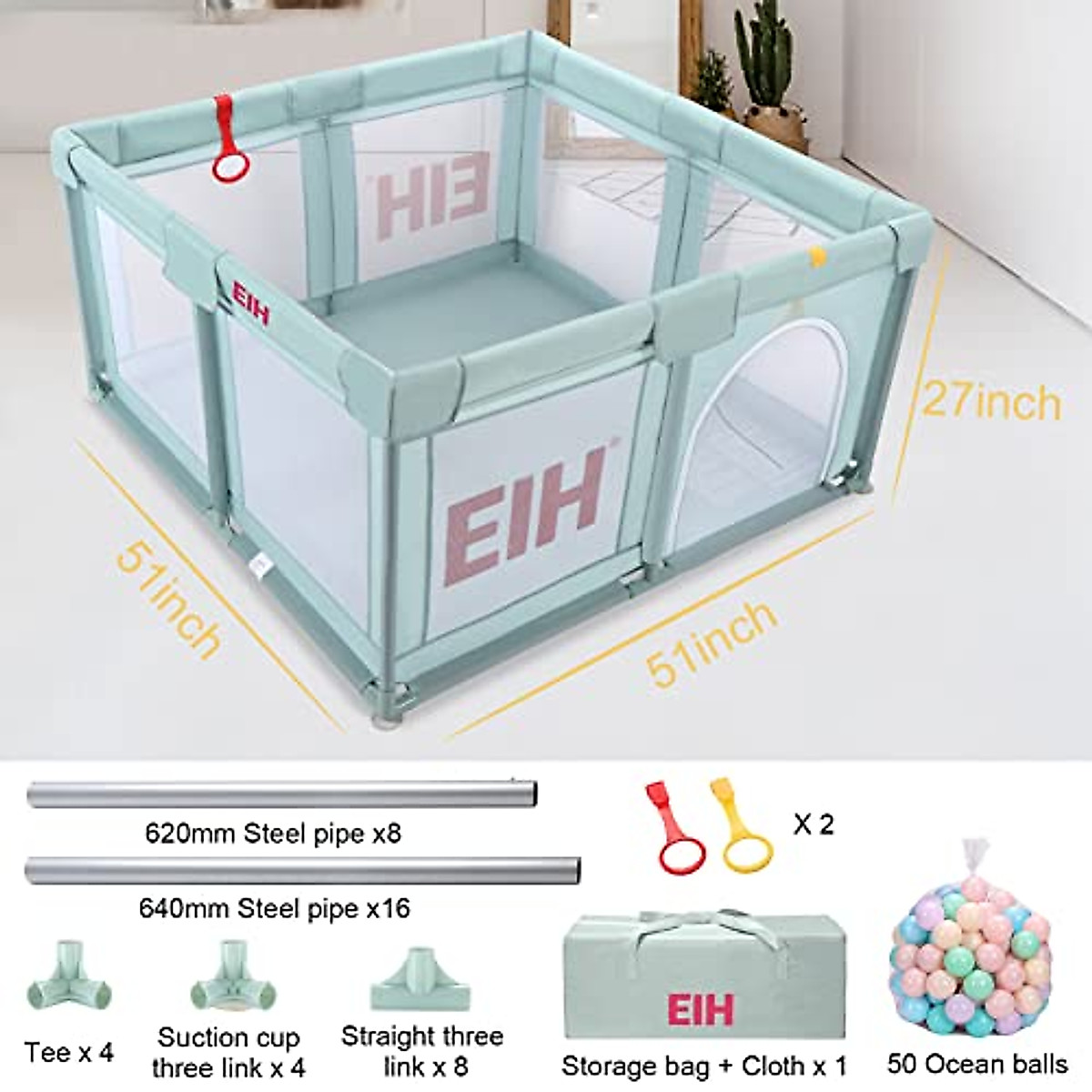 Baby Playpen, Playpen for Babies and Toddlers Indoor & Outdoor Kids Activity Center with 50 Ocean Balls Small Baby Playard Breathable Mesh Kids Safety Play Area, 47in x 47in (Green)