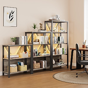GarveeHome 3 Tier Bookshelf with LED Lights, Bookcase with Open Display Shelves, Wood and Metal Standing Bookshelf with Storage Rack for Living Room Bedroom Home Office, Grey