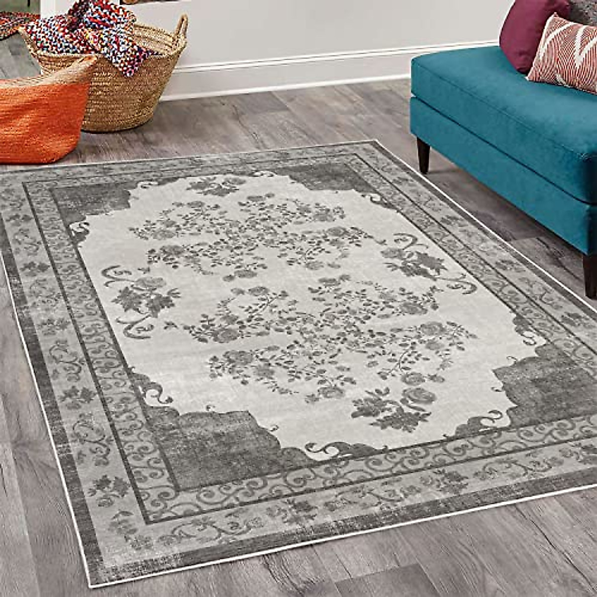 Ambesonne Rose Decorative Rug, Vintage Boho Oriental Culture Style Pattern of Swirling and Curlicue Flowers Art, Quality Carpet for Bedroom Dorm and Living Room, 5' 1" X 7' 5", Dark Grey
