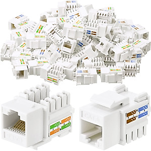 Hoteam 100 Pack Cat6 Cable RJ45 Keystone Jack UTP Modular Ethernet Jack Insert 90-Degree, Punch Down Keystone Jack Adapter for Secure Connection (White)