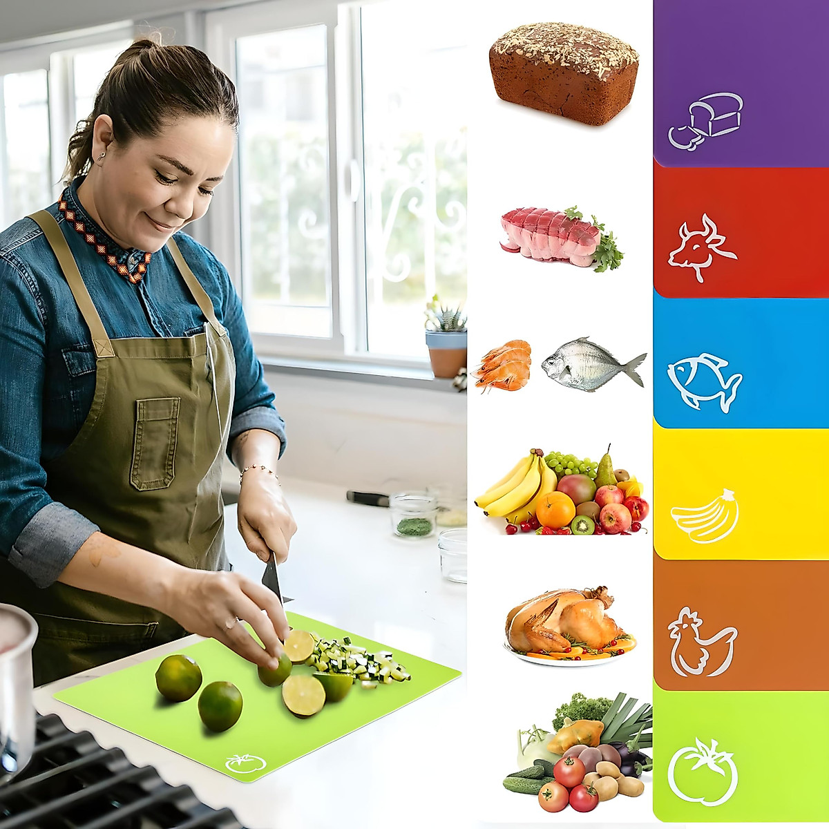 Hampton Homeware Large Bamboo Wood Cutting Board Set with 6 Color-Coded Flexible Cutting Mats with Food Icons to Prevent Cross-Contamination - Ultimate Culinary Chopping Board Set