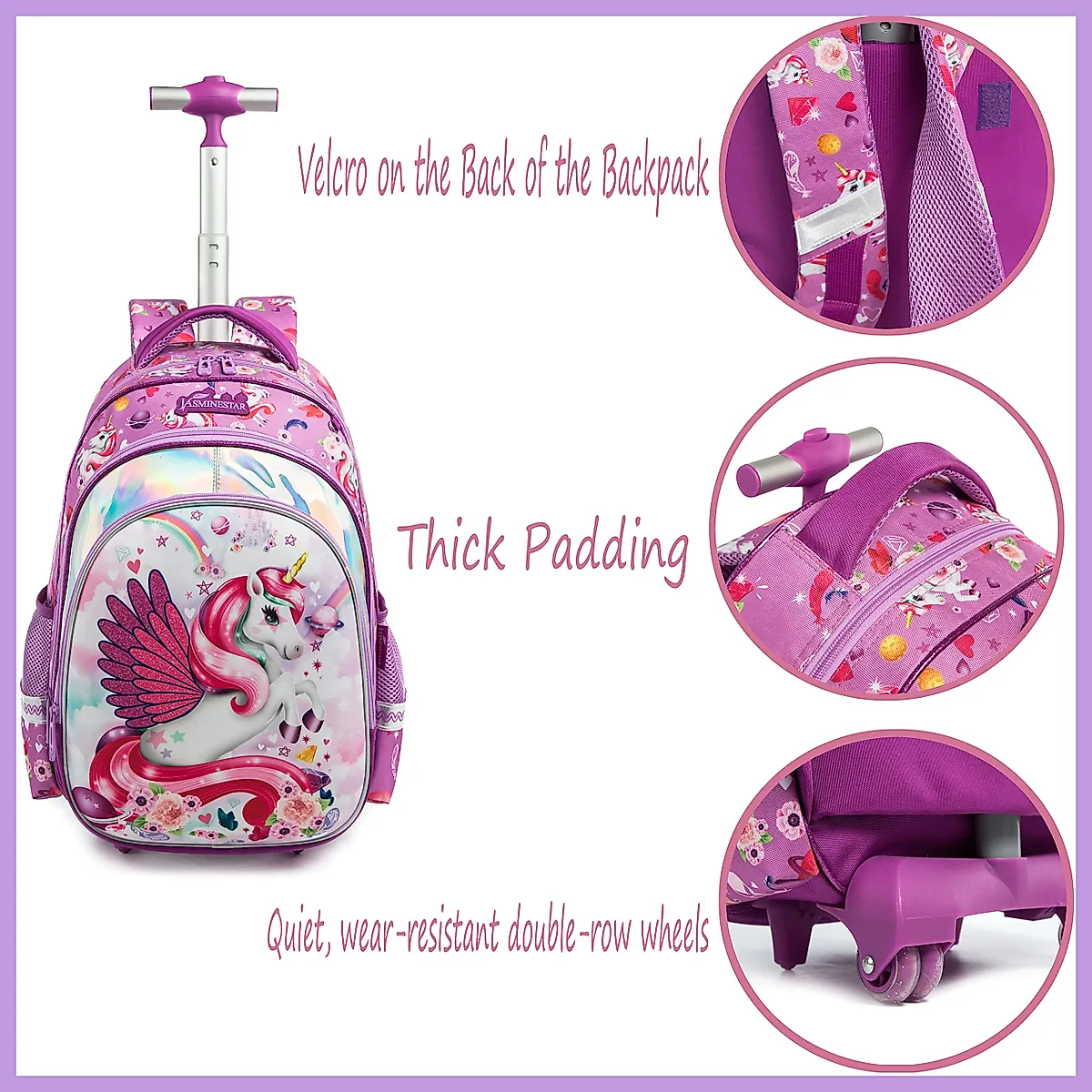 ZBAOGTW Rolling Backpack for Girls,Unicorn Rolling Backpack with Lunch Box and Pencil Bag, Adjustable Length Wheeled Backpack for School,Travel,Picnic