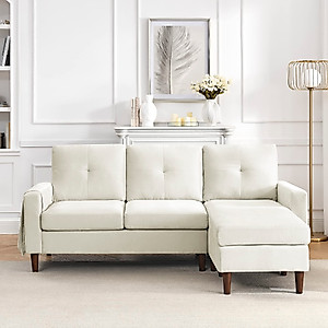 Prohon 80” L-Shape Sectional Sofa Chenille Fabric Retro Removable Cushions and Pocket, Rubber Wood Legs, 3 Seats Modern Convertible Futon Couches for Living Room/Small Space, Beige