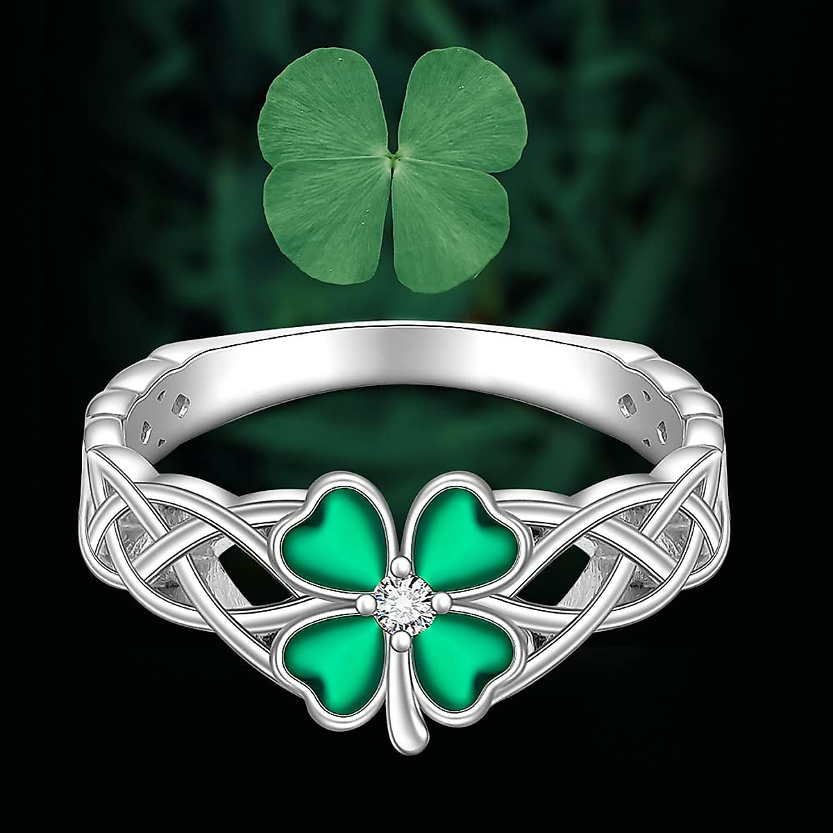 Shamrock Ring St Patrick's Day Shamrock Rings for Women Clover 925 Sterling Silver Celtic Ring Four Leaf Clover Irish Gifts Size 9