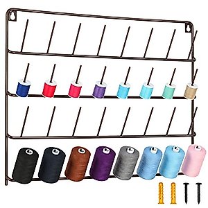 HAITARL 32-Spool Sewing Thread Rack, Wall-Mounted Metal Sewing Thread Holder with Hanging Tools, Metal Rack for Organize Sewing Thread, Embroidery-Suitable for Large Thread, Brown