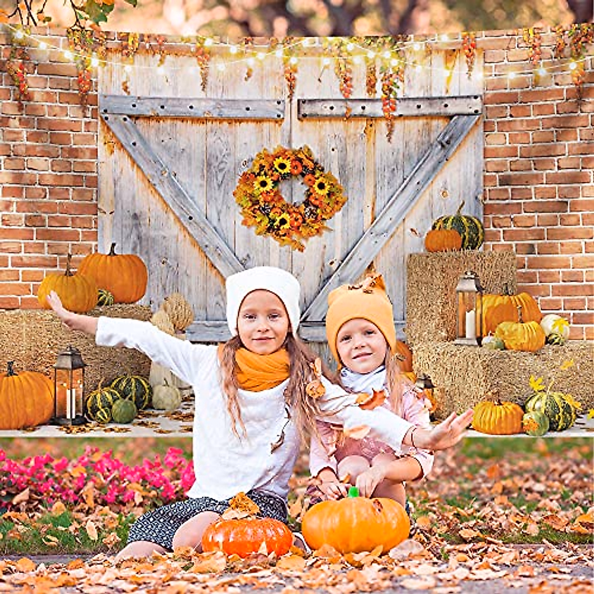 LIVUCEE 10x8ft Polyester Fall Rustic Farm Door Photography Backdrop Autumn Thanksgiving Pumpkin Harvest Barn Background for Children Birthday Party Banner Decoration Photobooth