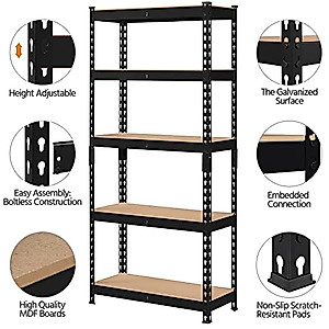 Topeakmart 5-Tier Utility Shelves, Metal Storage Shelves Garage Shelving Unit Adjustable Garage Storage Shelves Storage Racks Heavy Duty Shed Shelving- Black, 27.4 x 11.6 x 60 Inch