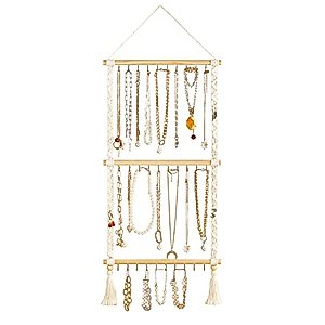 Dahey Hanging Jewelry Organizer Macrame Necklace Holder with 30 Hooks Wall Mounted Jewelry Hanger Over Door Necklace Rack with Tassel for Necklaces Bracelet Earrings Display Headband Bow Organizer