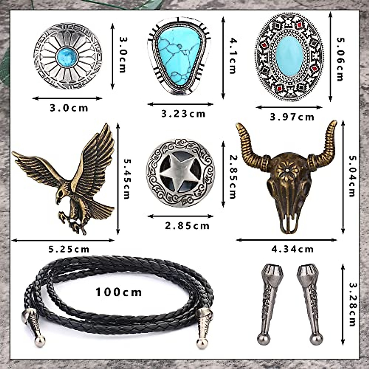 SAILIMUE 6Pcs Handmade Bolo Tie for Men Western Cowboy Leather Necktie Native American Necklaces Natural Tiger Eye Stone Turquoise Cow Skull Eagles Bolo Tie Costume Accessories for Men Women