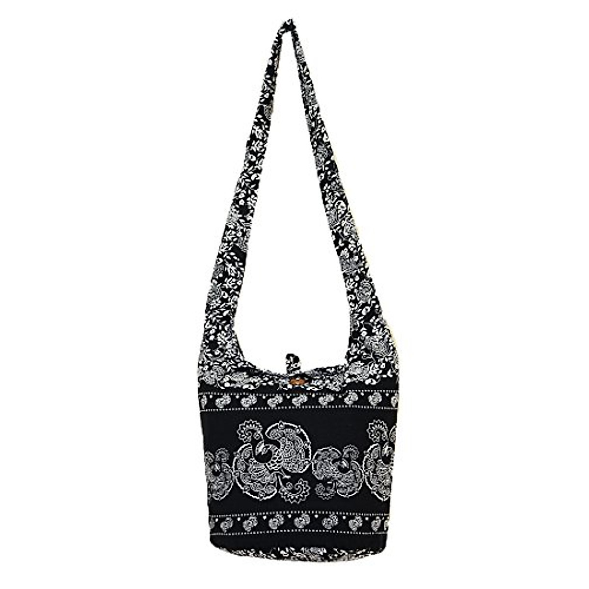 Thai Hippie Hobo Sling Crossbody Shoulder Bag Purse Handmade Zip Peacock Pattern Cotton Gypsy Boho Messenger Medium (M440 (Black))