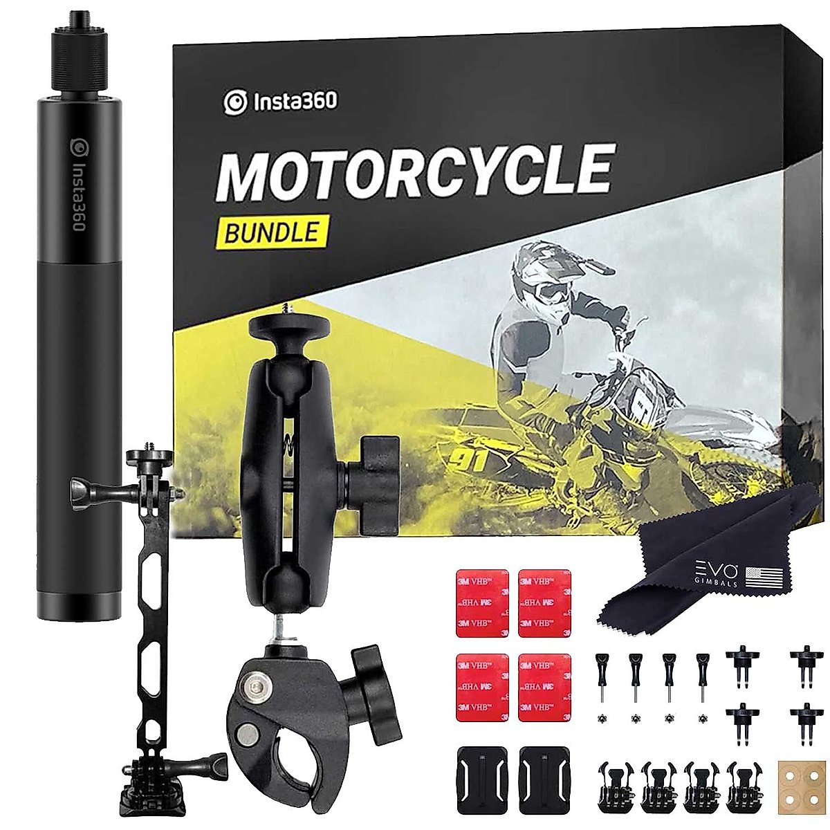 Insta360 Motorcycle Bundle with Invisible Selfie Stick- Complete Mounting Kit for Insta360 X4/X3/X2/X Cameras | Compatible with Insta360 GO 3/3S/GO2/ONE R/RS, EVO and GoPro 12/11/10/9/MAX (2 Items)