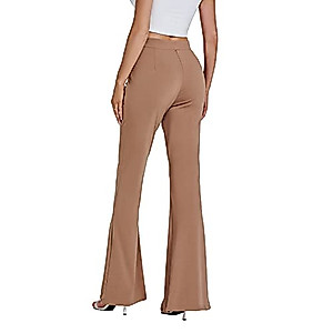 LYANER Women's Elastic High Waist Flare Leg Split Front Elegant Long Pants with Pockets Khaki X-Large