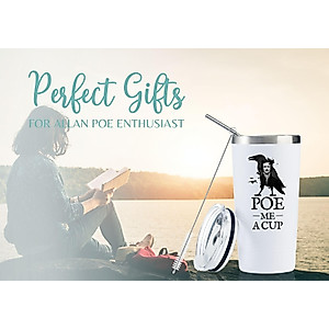 Onebttl Edgar Allan Poe Gifts for Men, Women for Christmas, Birthday, 20 oz Stainless Steel Insulated Tumbler Travel Coffee Mug - POE ME A CUP (White)