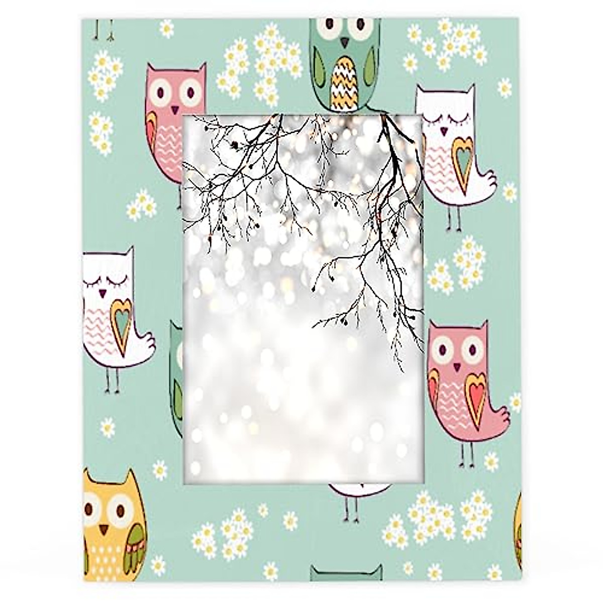 POFATO Cartoon Owl White Chrysanthemum 4x6 Picture Frame Wood Photo Frame for Tabletop Display Wall Mount Picture Frame Display 4x 6 Inch Photo Wall Decor Home Gift Frames