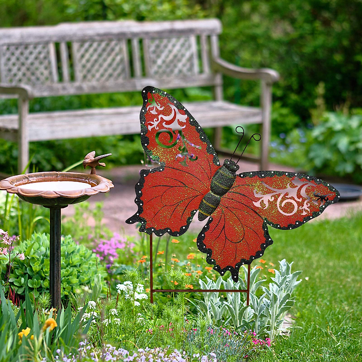 18.5 Inch Metal Butterfly Garden Stake Outdoor Decorative Stakes Butterfly Decor Whimsical Butterfly Stake Yard Art Ornaments (Red)