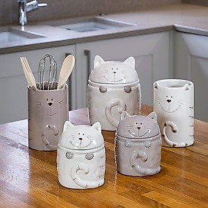 SPOTTED DOG GIFT COMPANY Ceramic Utensil Holder for Kitchen Counter, Utensil Crock for Countertop, Decorative Cat Themed Home Kitchen Decor Accessories, Gifts Cat Lovers, White 4.3" x 6.3"