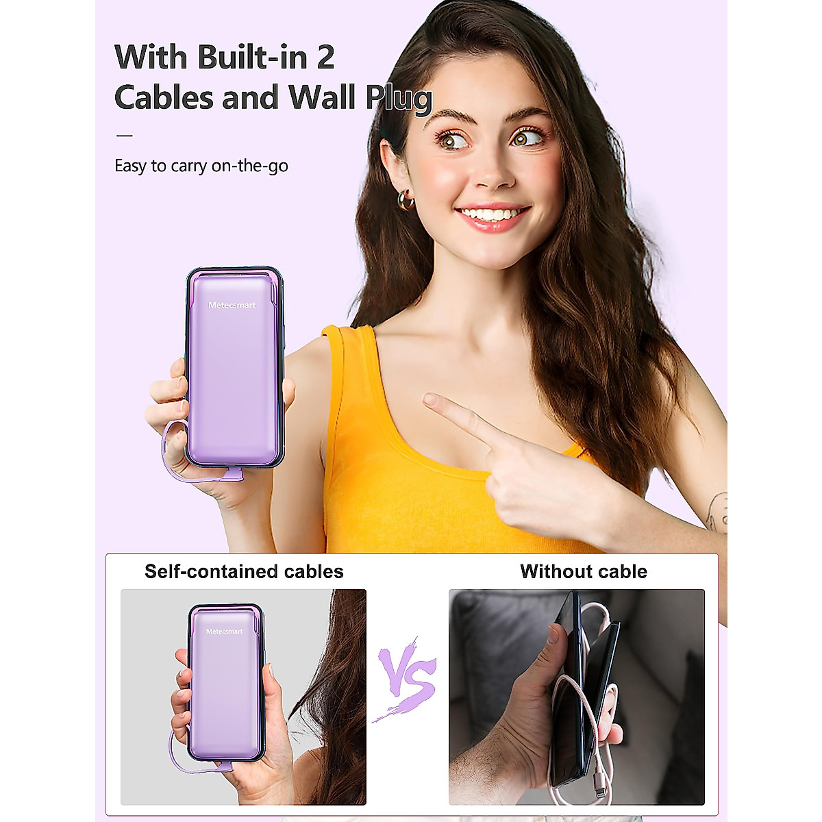 Metecsmart Portable Charger Power Bank with Built in Cable and AC Wall Plug, 10000mAh Fast USB C Phone Charger, Slim Thin Mini Charging Battery Pack Compatible with Smartphones and All USB-C Devices