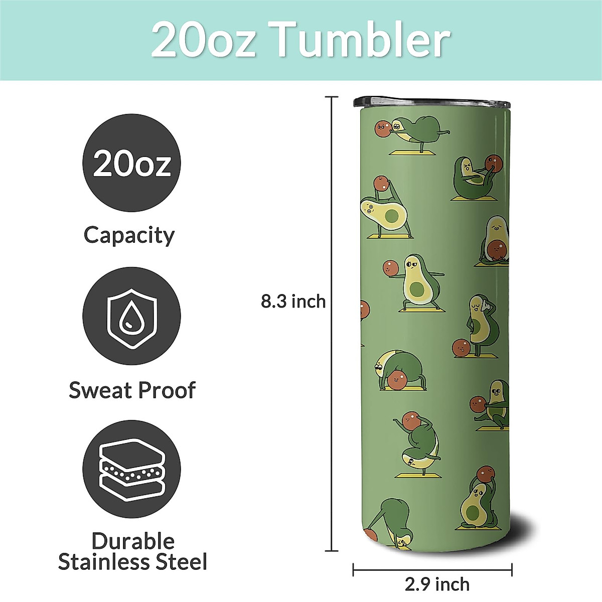 20 oz Avocado Skinny Tumblers with Lid and Straw, Avocado Stainless Steel Vacuum Insulated Travel Coffee Mug Cup Water Bottle, Avocado Decor Stuff Accessories, Gifts for Women Girls Avocado Lover