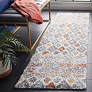 SAFAVIEH Berber Shag Collection Runner Rug - 2'3" x 12' Runner, Blue Rust & Ivory, Boho Design, 1.2-inch Thick Ideal for High Traffic Areas in Living Room, Bedroom, Dining (BER585A-212)