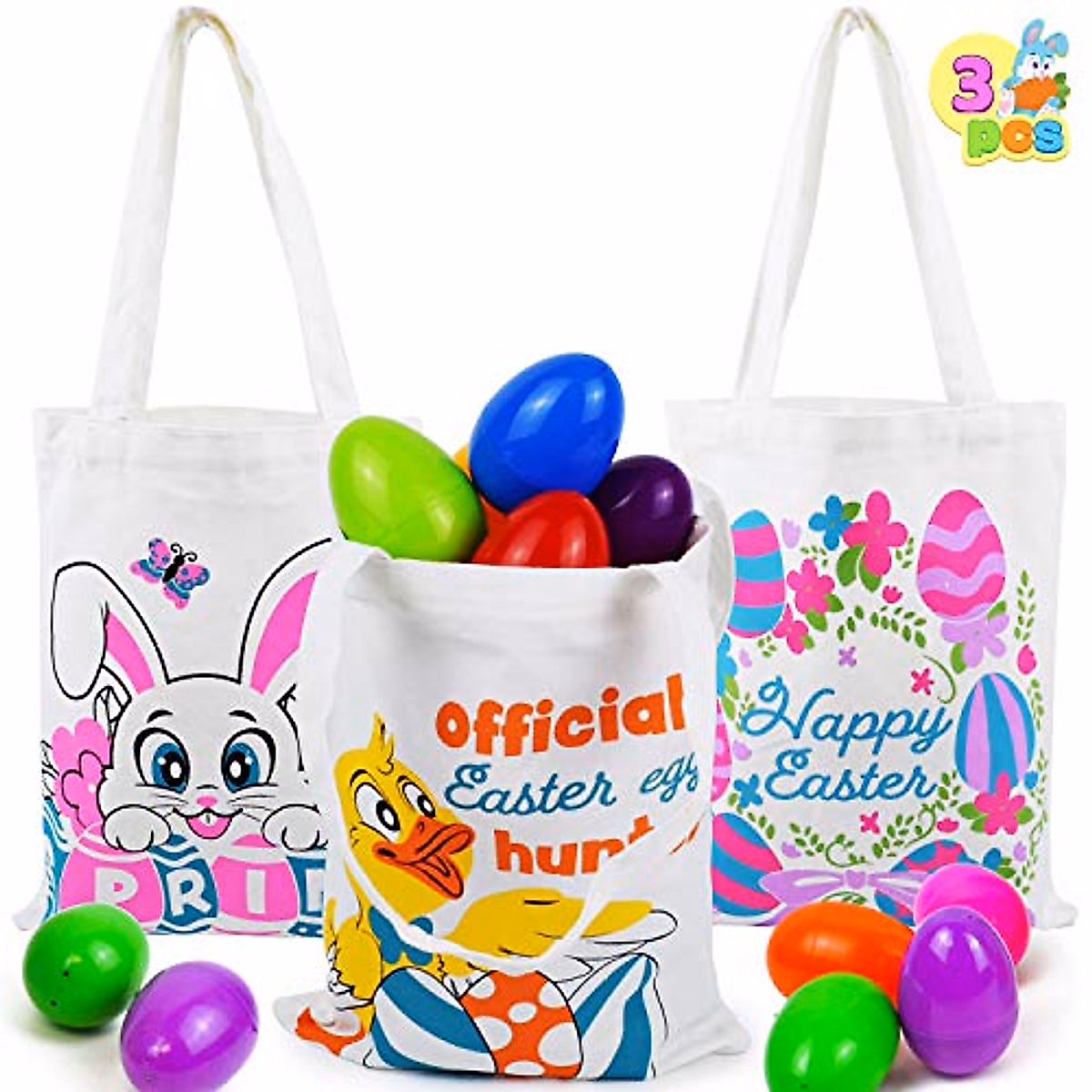JOYIN Easter Tote Bags Easter Canvas Bags Reusable Grocery Shopping Bags Bunny Bags for Easter Eggs Hunt, Easter Basket, Easter Gift Goodie Bags with Handles for Easter Kids Party Favor Supplies
