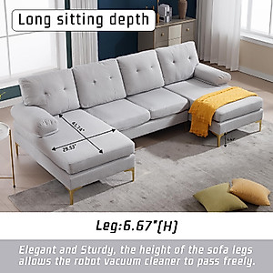 RXRRXY Modern 106'' U Shaped Sectional Couch, Oversized 4 Seater Sofa with Double Chaise, Sleeper Sofa with Chenille Fabric and Sturdy Metal Legs for Bedroom, Living Room, Apartment (Gray)