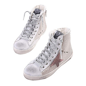 SATUKI Women's Distressed Design Lace up Star Glitter Shoes High Top Fashion Flat Sneakers (Gold, numeric_8)