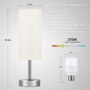 Touch Table Lamps for Bedroom Nightstand - Bedside Lamps with USB-C USB-A Charging Ports White, 3 Way Dimmable Control Small Lamp Fabric Shade Silver Base for Bedroom, Office, Living Room, Reading