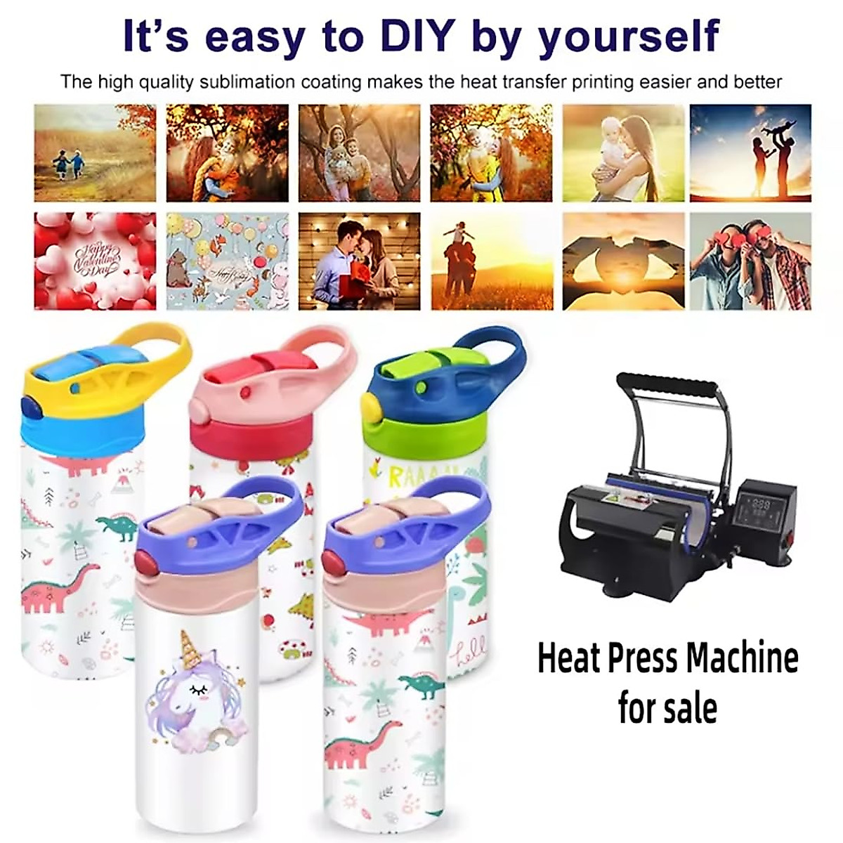 Icesip 50 PACK 12oz Kids Sublimation Tumbler Bulk,Sublimation Kids Water Bottle with One-click Pop-up Straw Lid and Handle, Spill Proof lid,for Water,Drinks