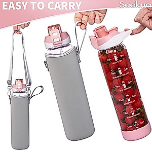 Seekua 32 oz Sports Glass Water Bottle with Straw and Time Marker, Large Resuable Motivational Glass Drinking Bottle for Infused Water, Fruit, Smoothie, Coffee