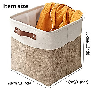 Jossens 11 Inch Fabric Baskets with Leather Handles,Foldable Cubes Storage Bins Set of 4 for Cube Organizer Home Toy Nursery Closet Bedroom(Khaki)