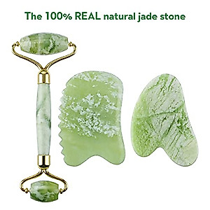 Kimkoo Jade Roller and Gua Sha Set,100% Real Natural Jade Stone,Facial Sculpting and Lymphatic Drainage,