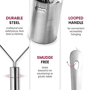 FineDine Stainless-Steel Kitchen Utensil Set - 10-piece premium Nonstick & Heat Resistant Gadgets, Turner, Spaghetti Server, Ladle, Serving Spoons, Whisk, Tongs, Potato Masher & Utensil Holder