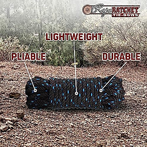 Rope Ratchet 3/8", 50 ft Solid Braided Polypropylene Rope, Heavy Duty, All Purpose, Utility Cord Tie Down Rope for Camping, Tie, Pull, and Knot, Indoor and Outdoor Use - Black with Blue Tracers