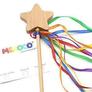 MEROCO Fairy Wand with Star Embellished Ribbons Ribbon Star Wand Wooden Star Magic Wand Montessori Toys Waldorf Toys for 3 4 5 Year Old