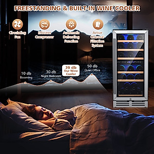 COSTWAY 15 5-Inch, 30-Bottle Cellar with Lock, Glass Door, Memory Temp Control, Freestanding & Built-in Mini Fridge for Bar Kitchen Home Wine Cooler Refrigerator, 15 Inch Dual Zone, Black