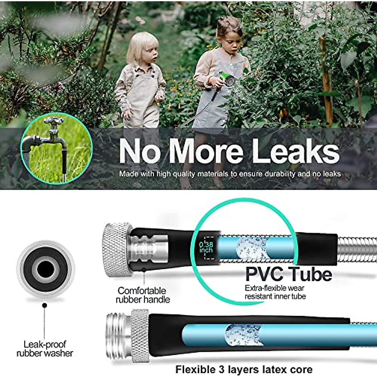 SPECILITE 50ft 304 Stainless Steel Garden Hose Metal, Heavy Duty Water Hoses with 2 Nozzles for Yard, Outdoor - Flexible, Never Kink & Tangle, Puncture Resistant