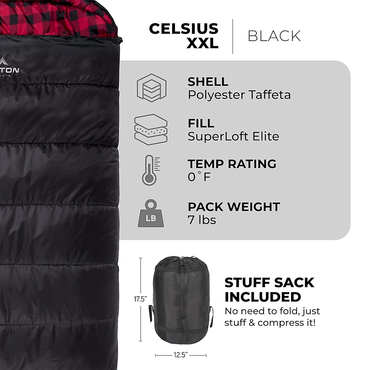 TETON Sports Celsius XXL 0 Degree Sleeping Bag with Compression Sack, Right Zipper, and SuperLoft Elite Material for Camping and Base Camp, Black