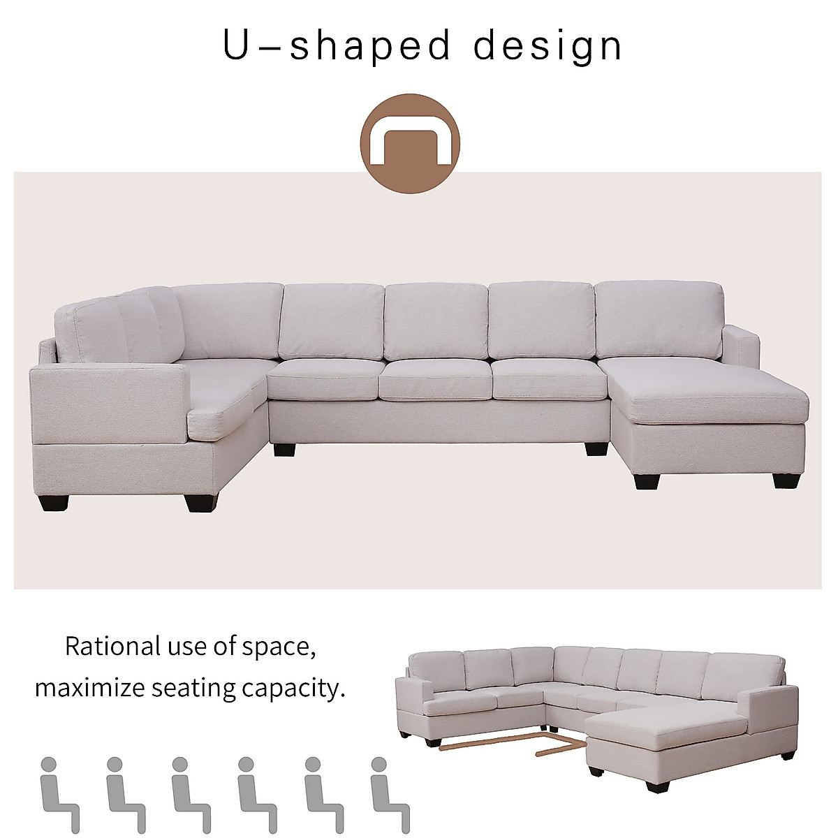 Modern Large U-Shape Sectional Sofa, Soft Linen Fabric Sectional Couch with Removable Cushion,Double Extra Wide Chaise Lounge Couch for Living Room (Beige)