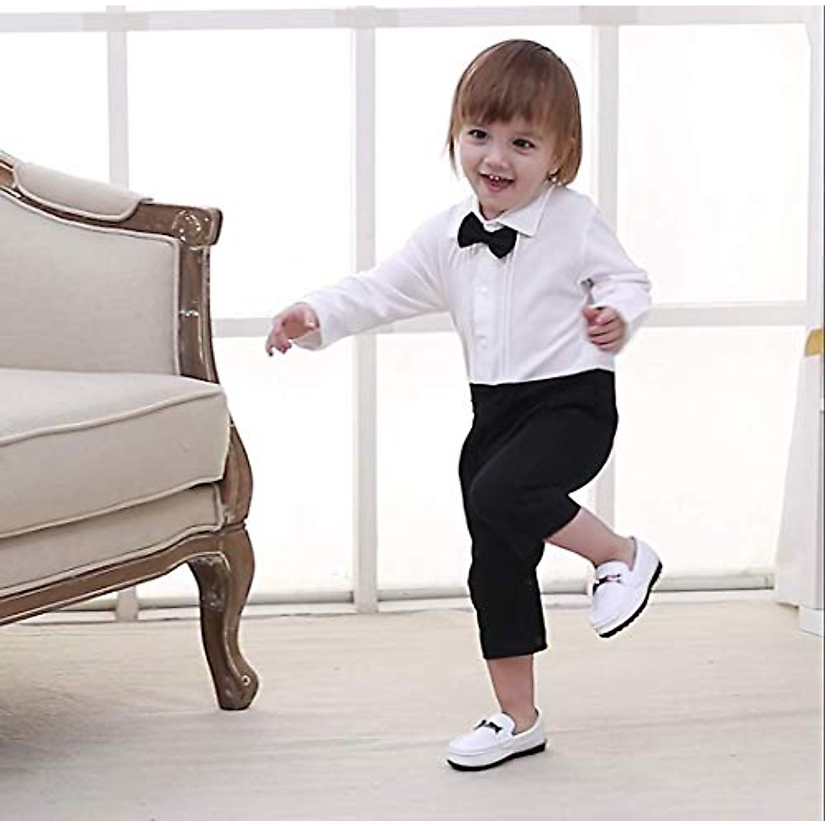Bilo Store Newborn Infant Baby Boys Tuxedo Bow Tie Jumpsuit Romper and Black Jacket 2-pc Formal Wear Suit 3-6 Months
