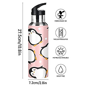 Cute Animal Penguin Kids Water Bottle Thermos with Straw School Vacuum Insulated Stainless Steel Thermos Bottle Cup Leakproof Sport Travel Cup Mug Handle for Girls Women Biking 20 OZ