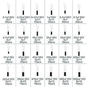 24 Values 500 Pcs Aluminum Electrolytic Capacitor Assortment Box Kit Range 0.1uF~1000uF MFD 10V/16V/25V/50V Radial Electrolytic Capacitors for TV, LCD Monitor, Radio, Stereo, Game