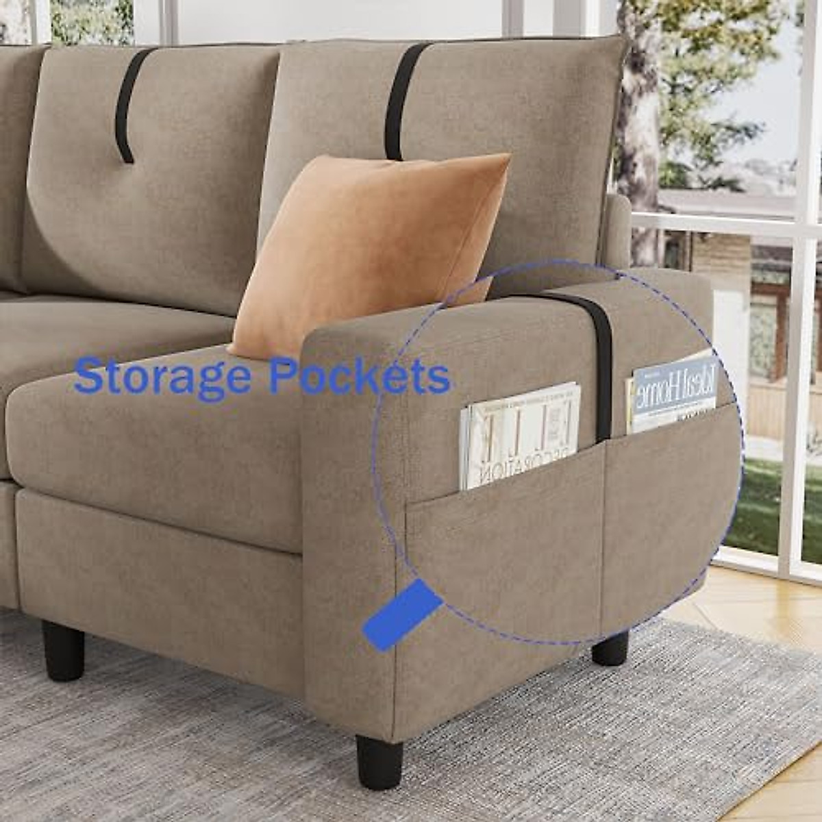 Jarenie 80" Convertible Sectional Sofa, 3-Seat L Shaped Couch with Ottoman, Modern Linen Upholstered Sofa Couches for Living Room, Apartment and Small Spaces, Beige