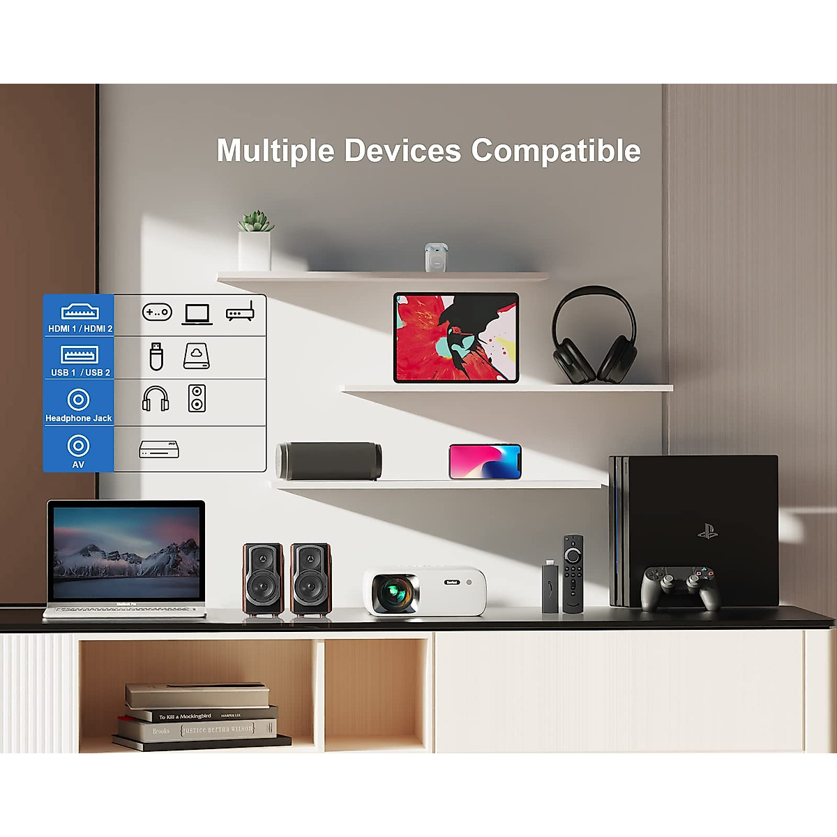 5G WiFi Outdoor Bluetooth Projector 4K Supported: 15000L 460 ANSI Native 1080P Projector, 4D/4P Keystone 400'' & 50% Zoom Sovboi Mini Movie Projector, Soi-Smart System Portable Projector for Phone/PC