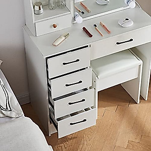 White Vanity with Sliding Mirror, 10PCS Hollywood Bulbs 3 Lighting Modes Vanity Desk with 6 Storage Drawers, Dressing Table Set with 6 Display Shelves for Girls.