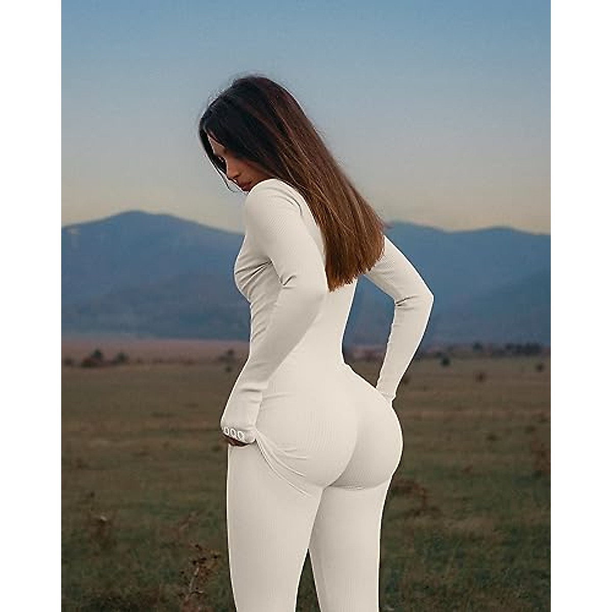 OQQ Women Yoga Jumpsuits Workout Ribbed Long Sleeve Zip Front Sport Jumpsuits Beige