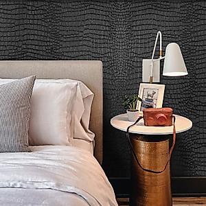 Fititem Black Wallpaper Peel and Stick Wallpaper 118”×17.3” Black Contact Paper for Cabinets Removable Textured Wallpaper Modern Crocodile Self Adhesive Wallpaper Bedroom Bathroom Wallpaper Waterproof
