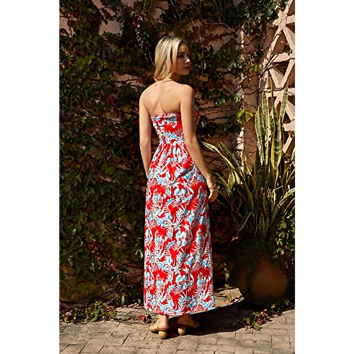 GRACE KARIN Women Strapless Casual Loose Ruched Long Maxi Dress with Pockets Blue White