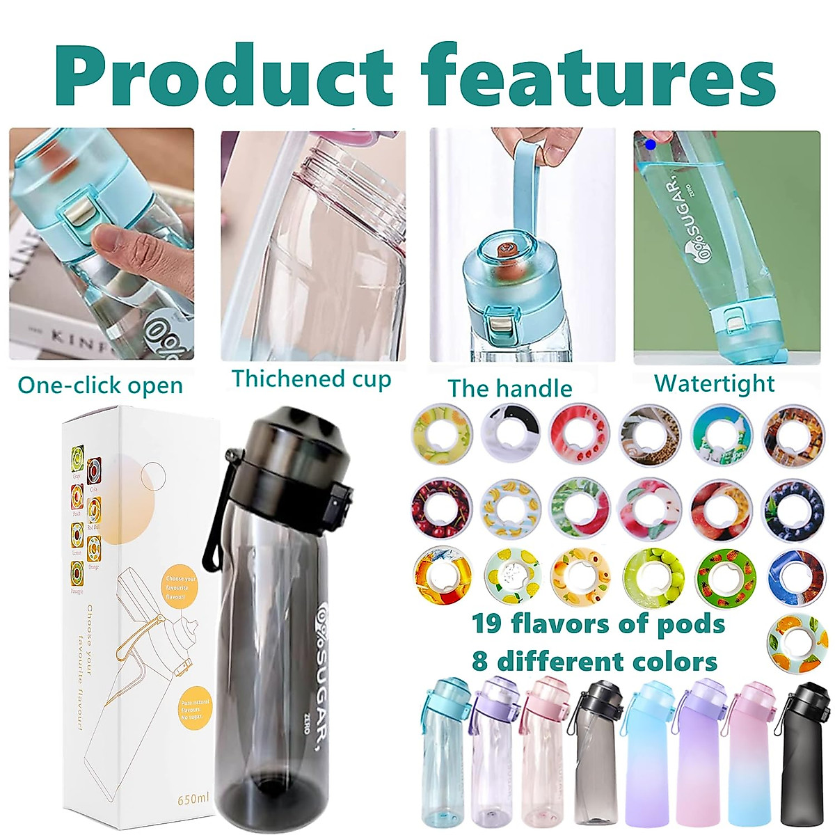 Air Water Bottle with 7 Flavor Pods, 650ML Fruit Fragrance Water Bottle, 0% Sugar Water Cup BPA Free, Sports Water Cup Suitable for Gym and Outdoor Sports (Black)