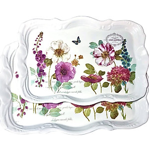 14.7x9.7 Medium Melamine Serving Tray for Eating Melamine Serving Platter Plastic Serving Tray with Handles Floral Resin Breakfast Tray for Veggie Cupcakes Outdoor Medium Serving Tray with Prints